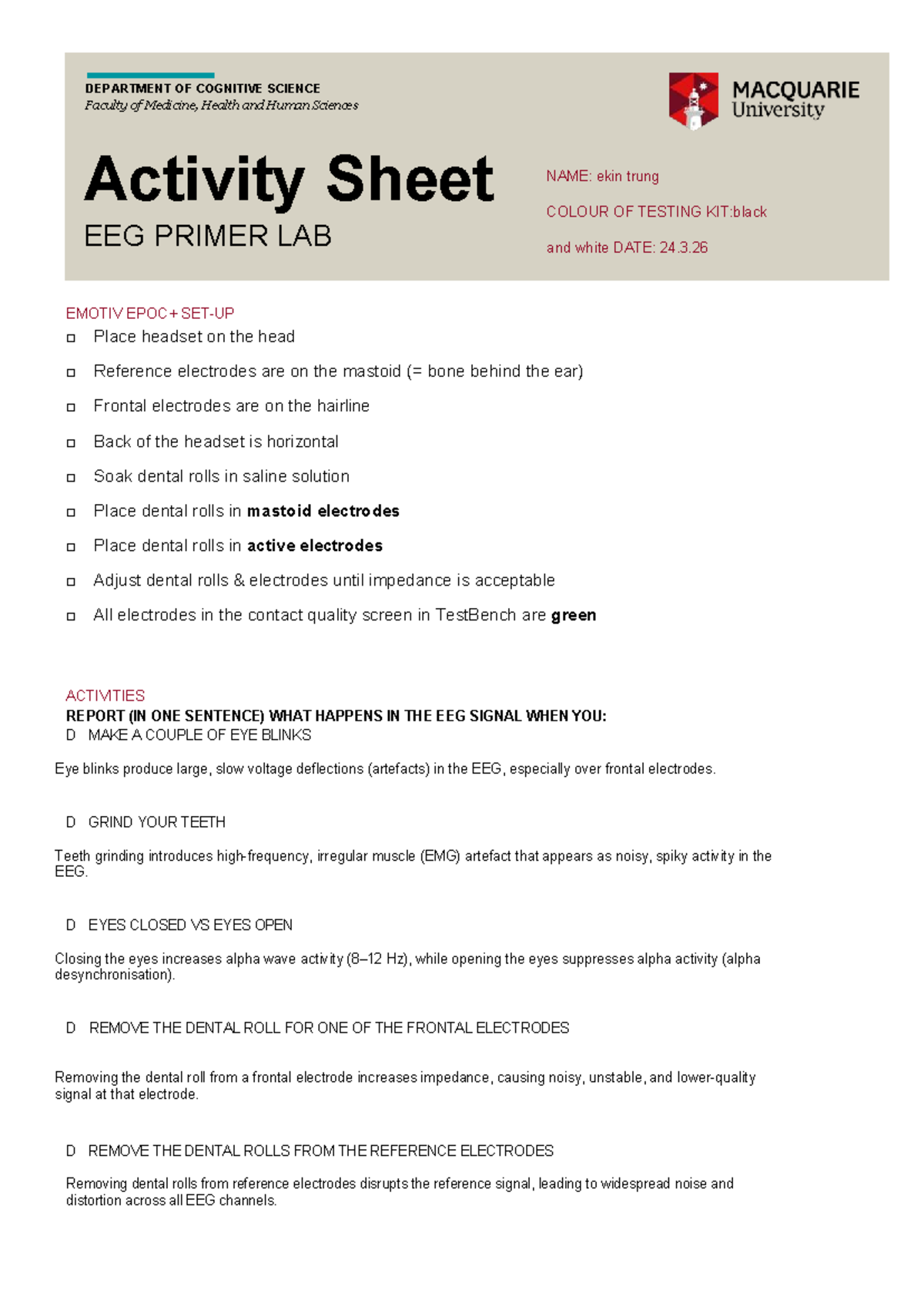 EEG Primer Lab Activity Sheet - Week 5 (Cognitive Science) - Studocu