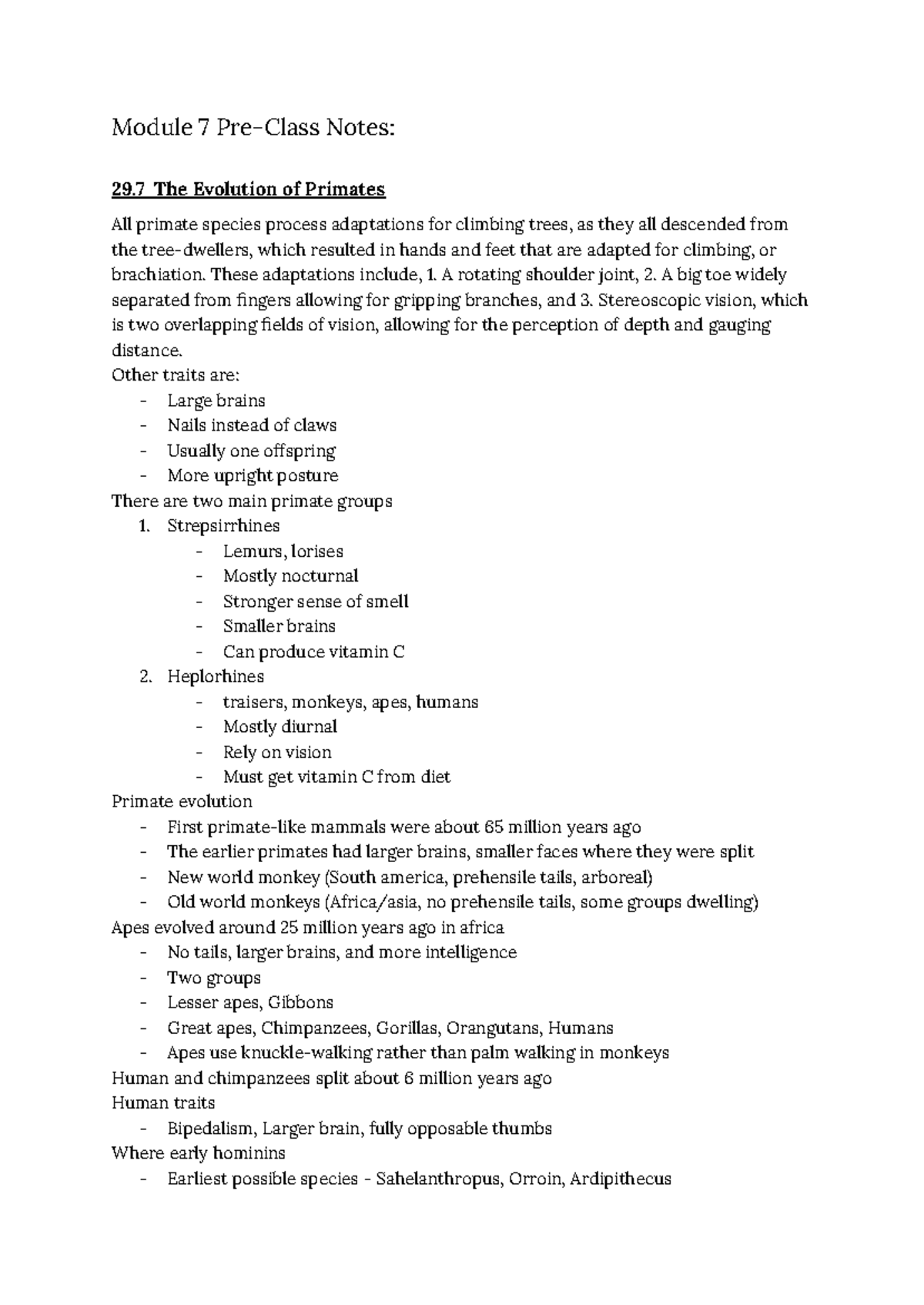 BIOL 1001 Final Exam Notes: Evolution of Primates and Ecology - Studocu