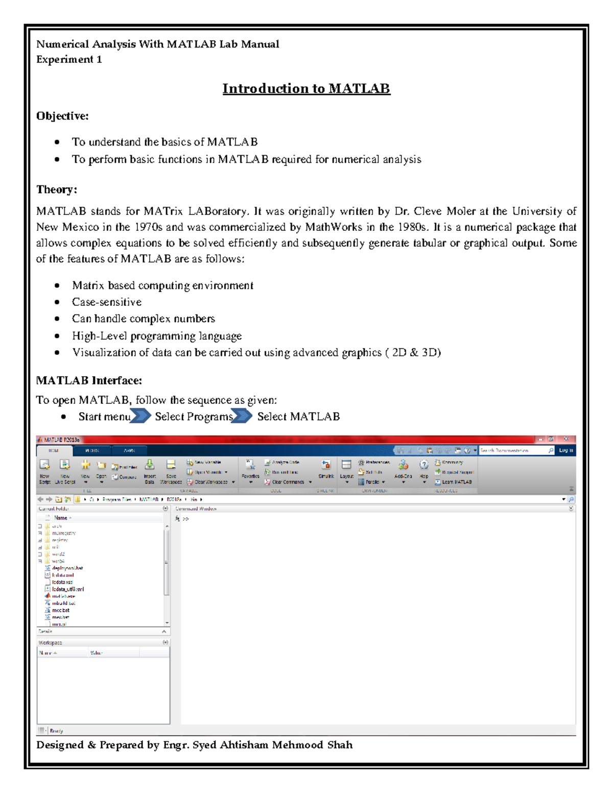 1- Introduction TO Matlab - Experiment 1 Introduction to MATLAB ...