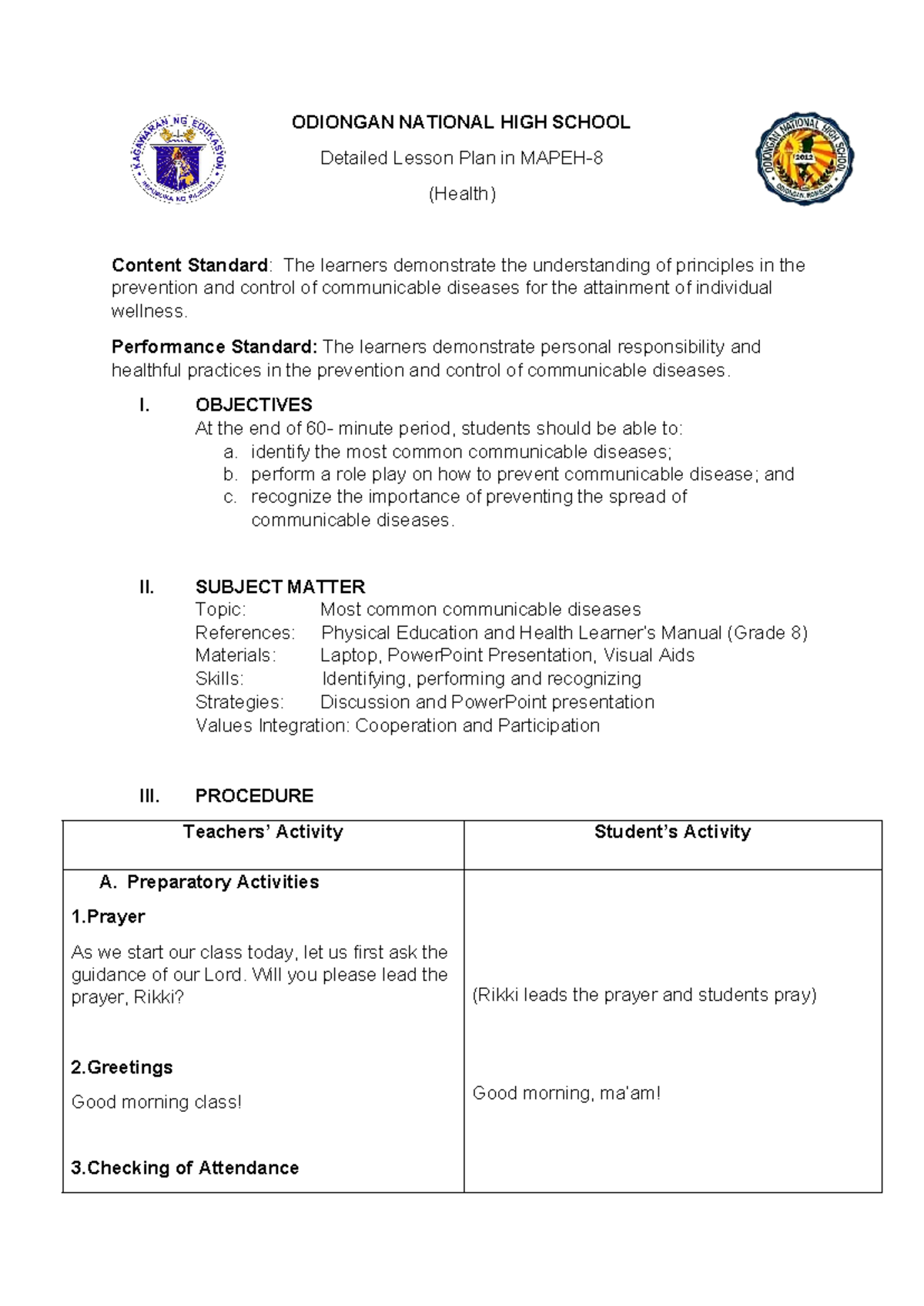 Final Lesson Plan on Communicable Diseases in Health (MAPEH) - Studocu