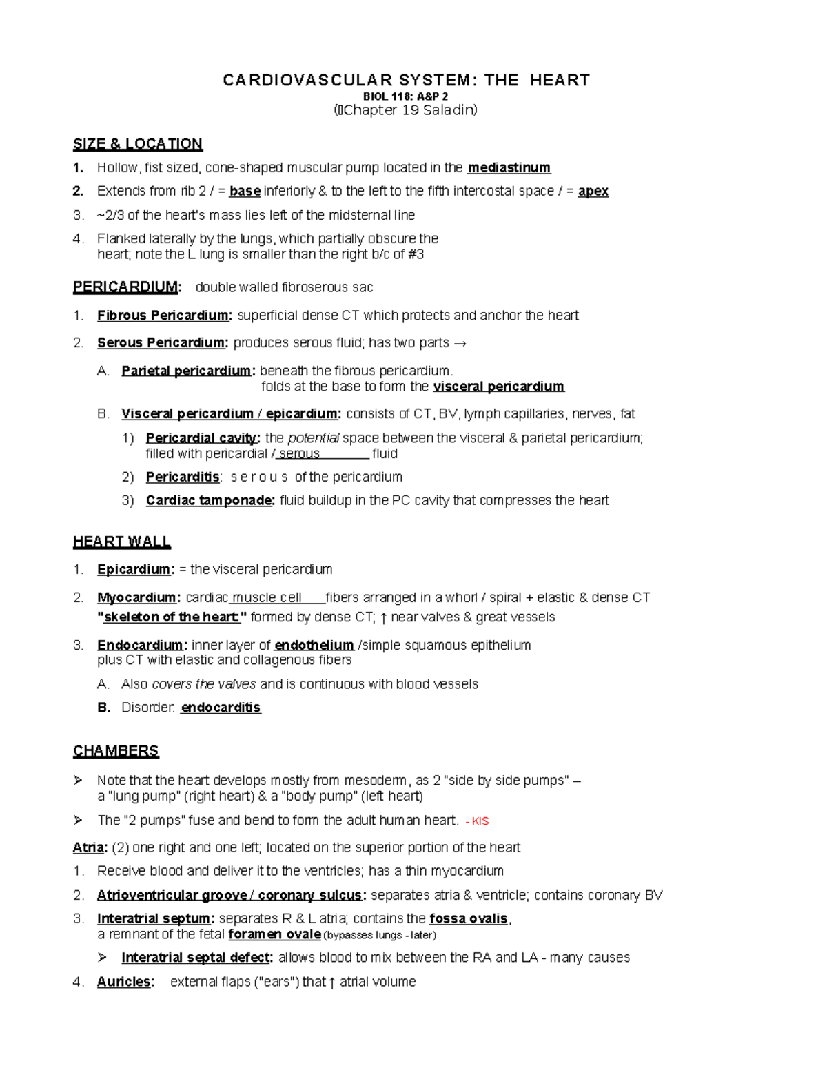 CARDIOVASCULAR SYSTEM: HEART STRUCTURE AND FUNCTION - BIOL 118 A&P 2 ...