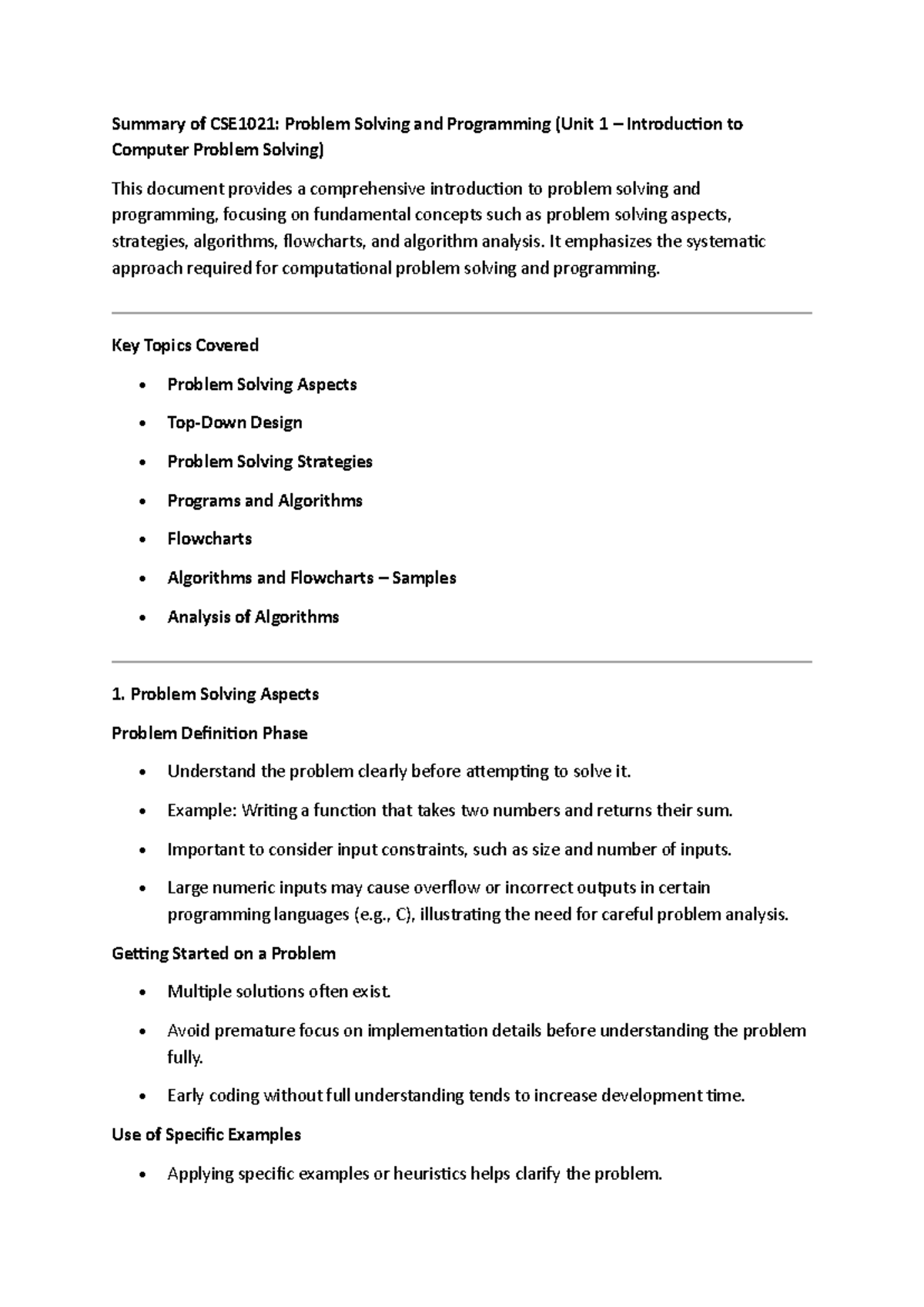 Summary of CSE1021: Intro to Problem Solving & Programming - Studocu