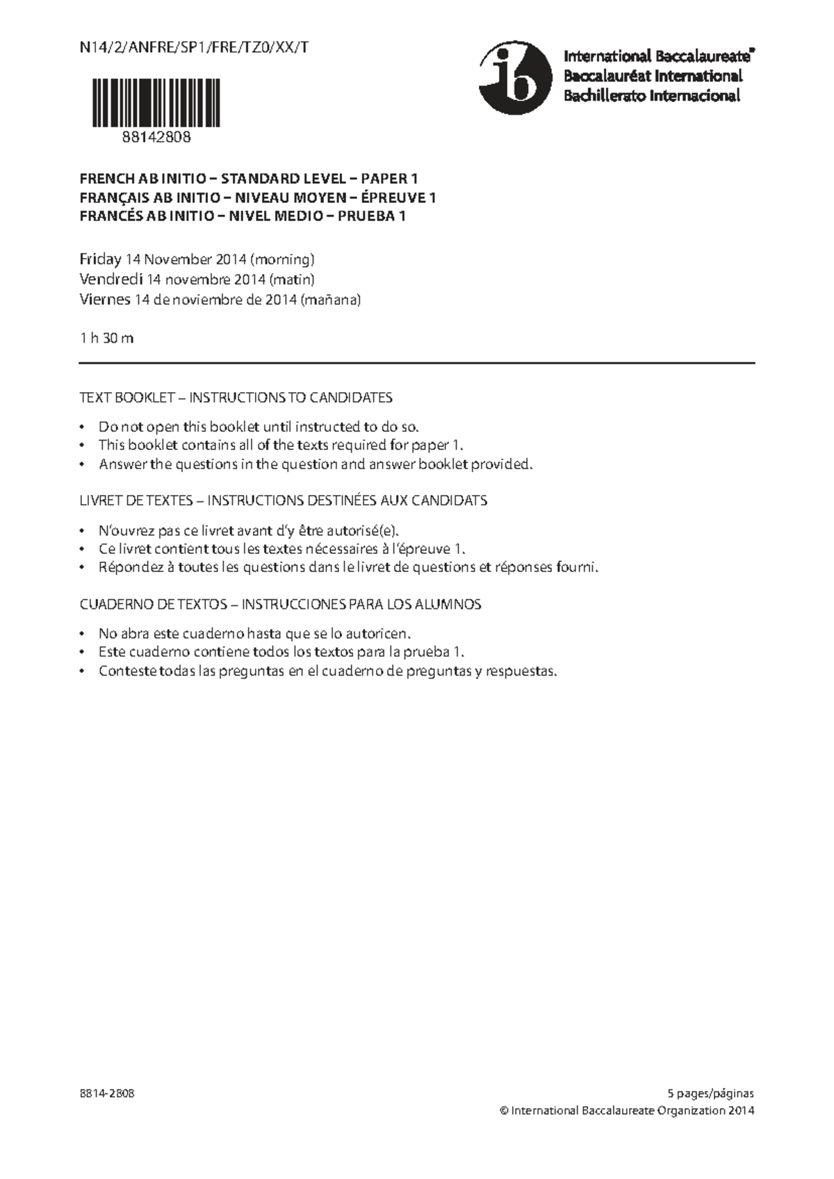 88142808 FRENCH AB INITIO SL PAPER 1 TEXT BOOKLET - Studocu