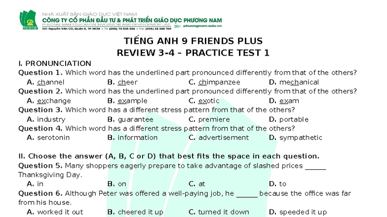 TIẾNG ANH 9 FRIENDS PLUS REVIEW PRACTICE TEST 1 - Studocu