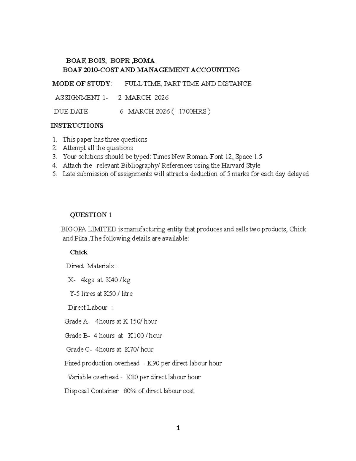 BOAF 2010 Management Accounting Assignment 2 - March 2026 - Studocu