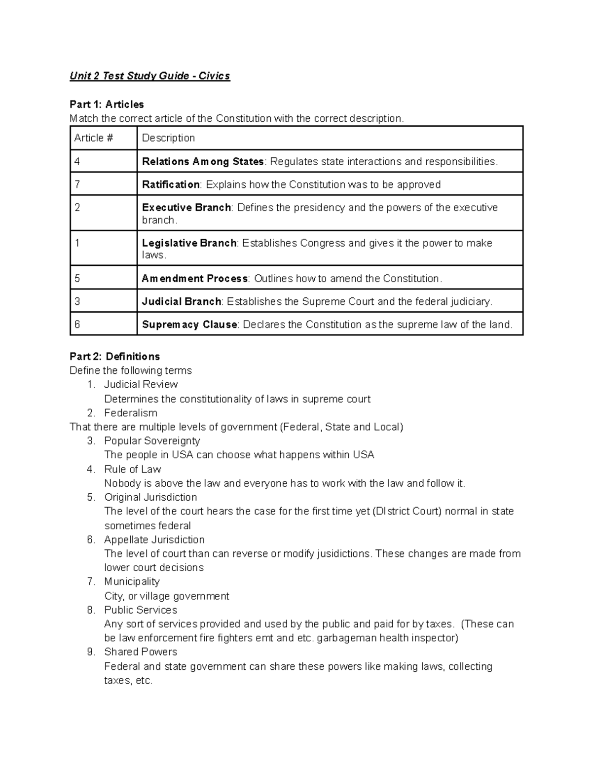 Unit 2 Test Study Guide - Civics: Constitution Articles & Key Concepts ...