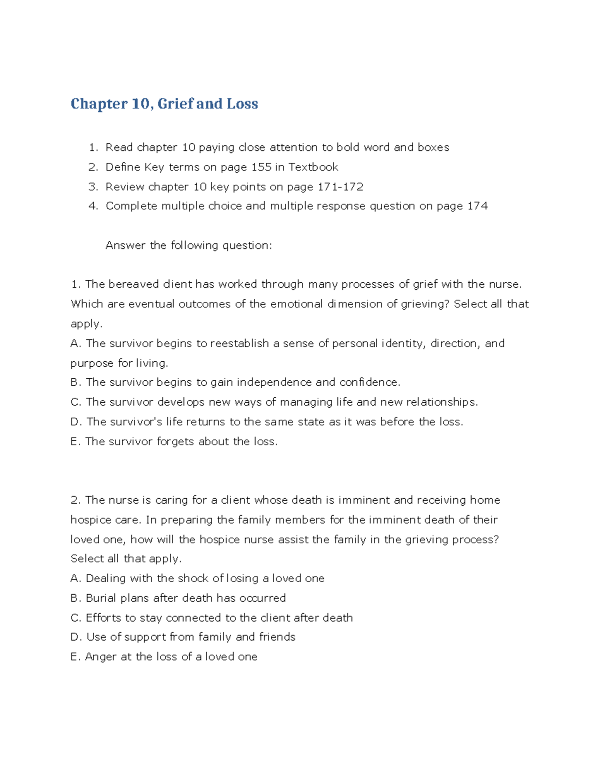 Chapter 10 Homework Study Guide: Grief and Loss Analysis - Studocu