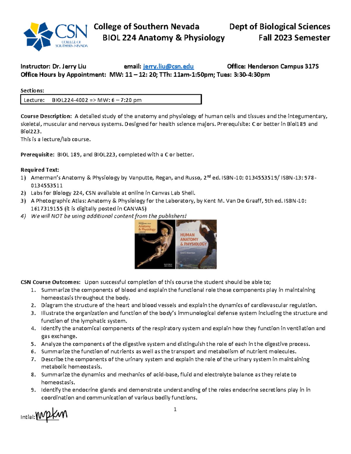 BIOL224 Fall '23 Syllabus for Anatomy & Physiology - Dr. Jerry Liu ...