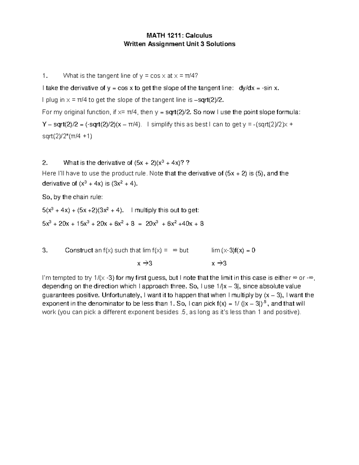 MATH 1211 Unit 3 Solutions Revised - MATH 1211: Calculus Written Assignment Unit 3 Solutions ...