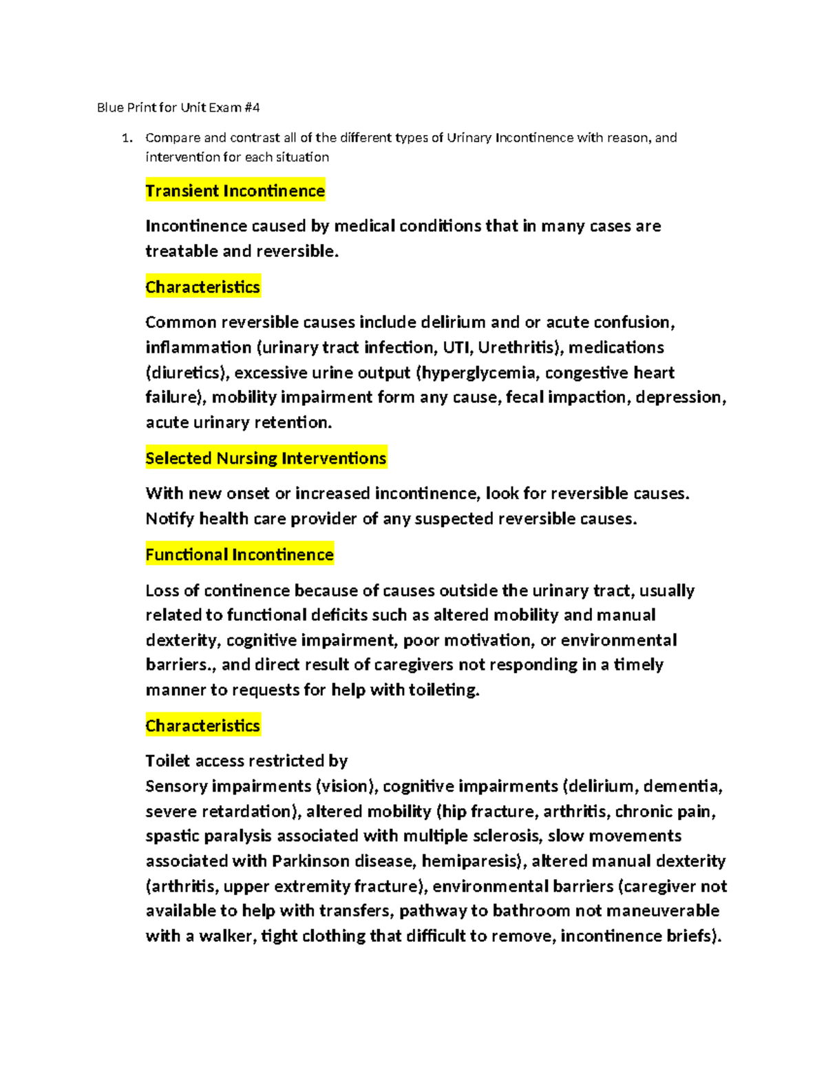 Blueprint for Unit Exam 4: Urinary Incontinence Types & Interventions ...