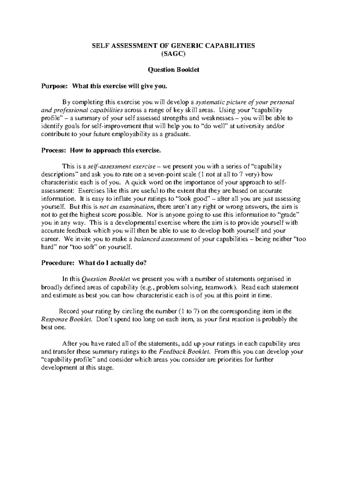 Self Assessment of Generic Capabilities (SAGC) - Exercise Booklet - Studocu