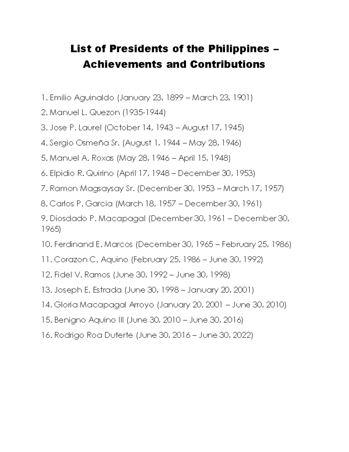 List of Presidents of the Philippines - Emilio Aguinaldo (January 23 ...