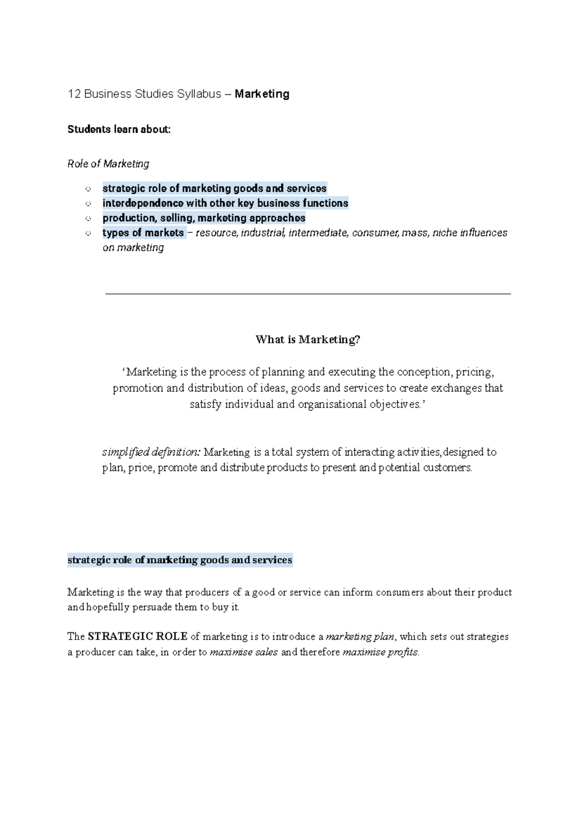 HSC Business Studies: Marketing Topic Notes & Strategies - Studocu