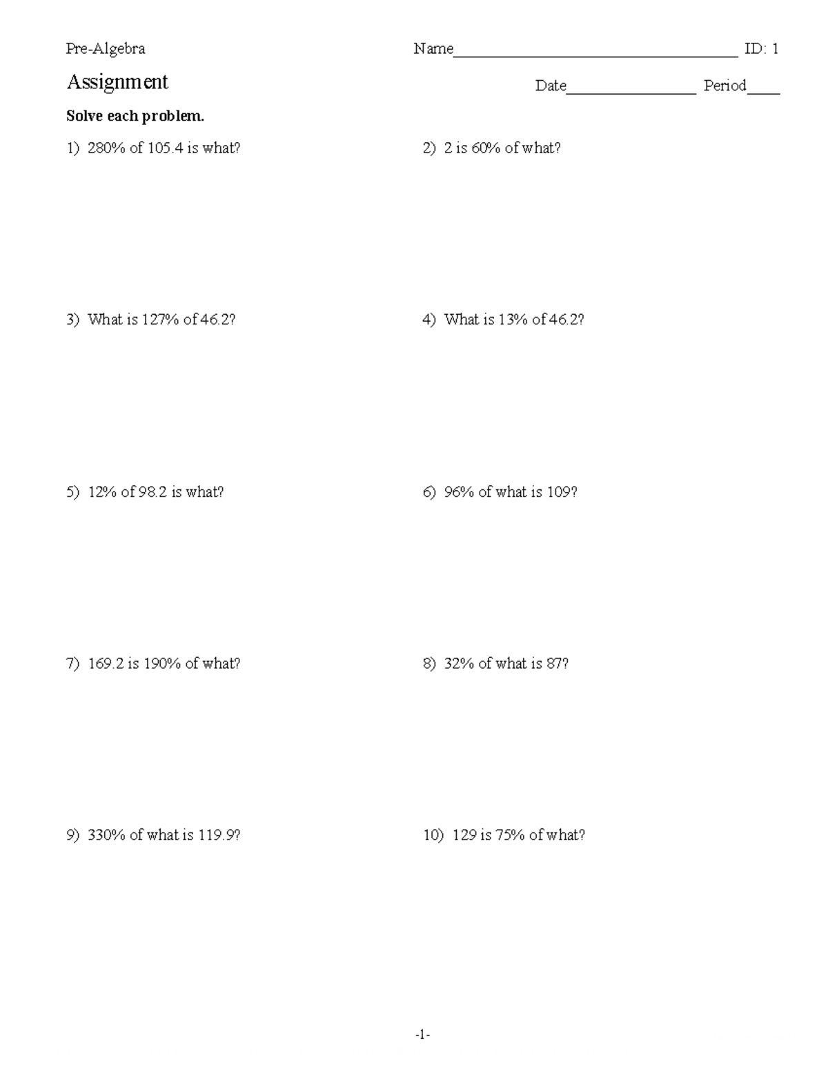 Pre-Algebra Percentages Practice Test - Assignment ID 1 - Studocu