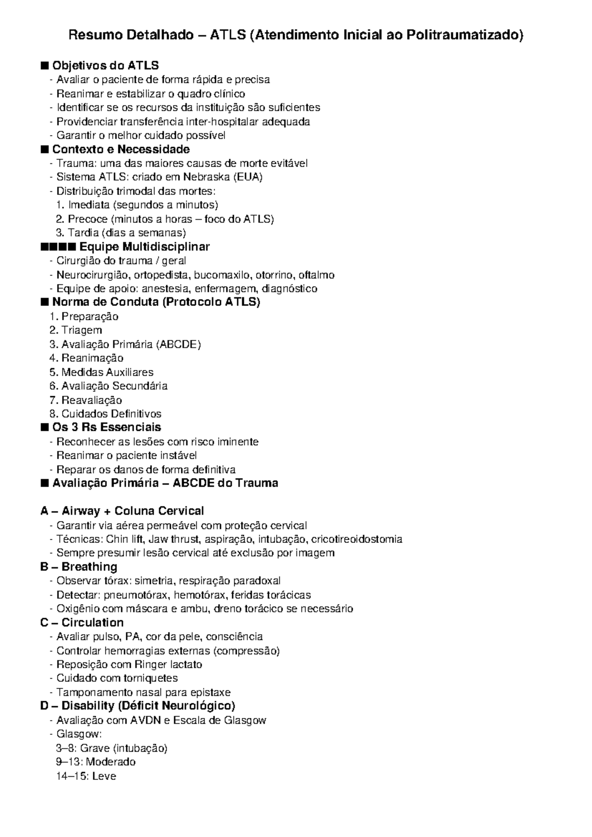 Resumo Detalhado ATLS: Protocolo e Avaliação do Trauma - Studocu