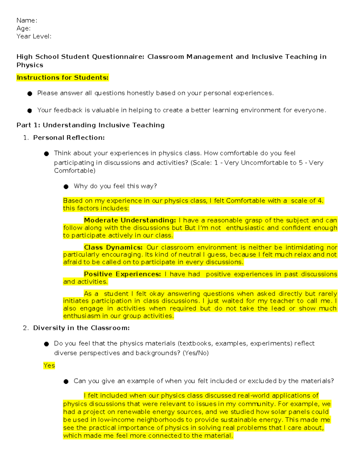 Physics Inclusive Teaching Survey: Student Reflections & Feedback - Studocu