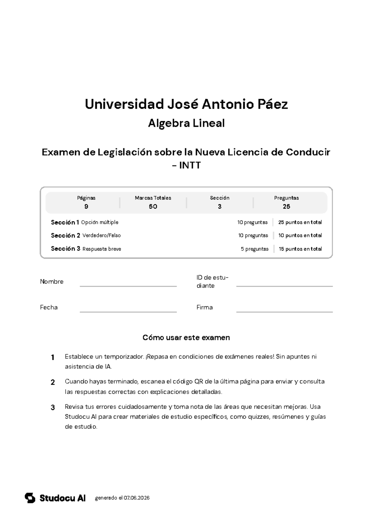 Examen de Legislación sobre la Nueva Licencia de Conducir - INTT - Studocu