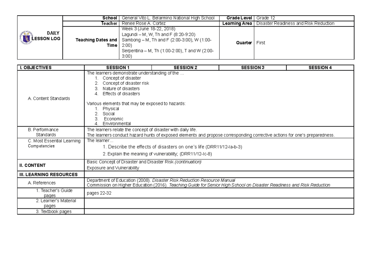 DRRR-DLL-WEEK2 Q3 - Lesson Plan on Disaster Readiness - Studocu