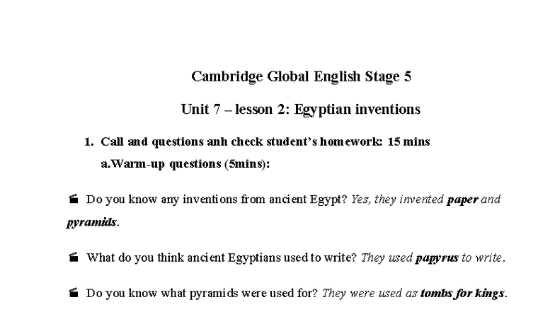 Cambridge Global English G5 Unit 7 Lesson 2: Egyptian Inventions ...