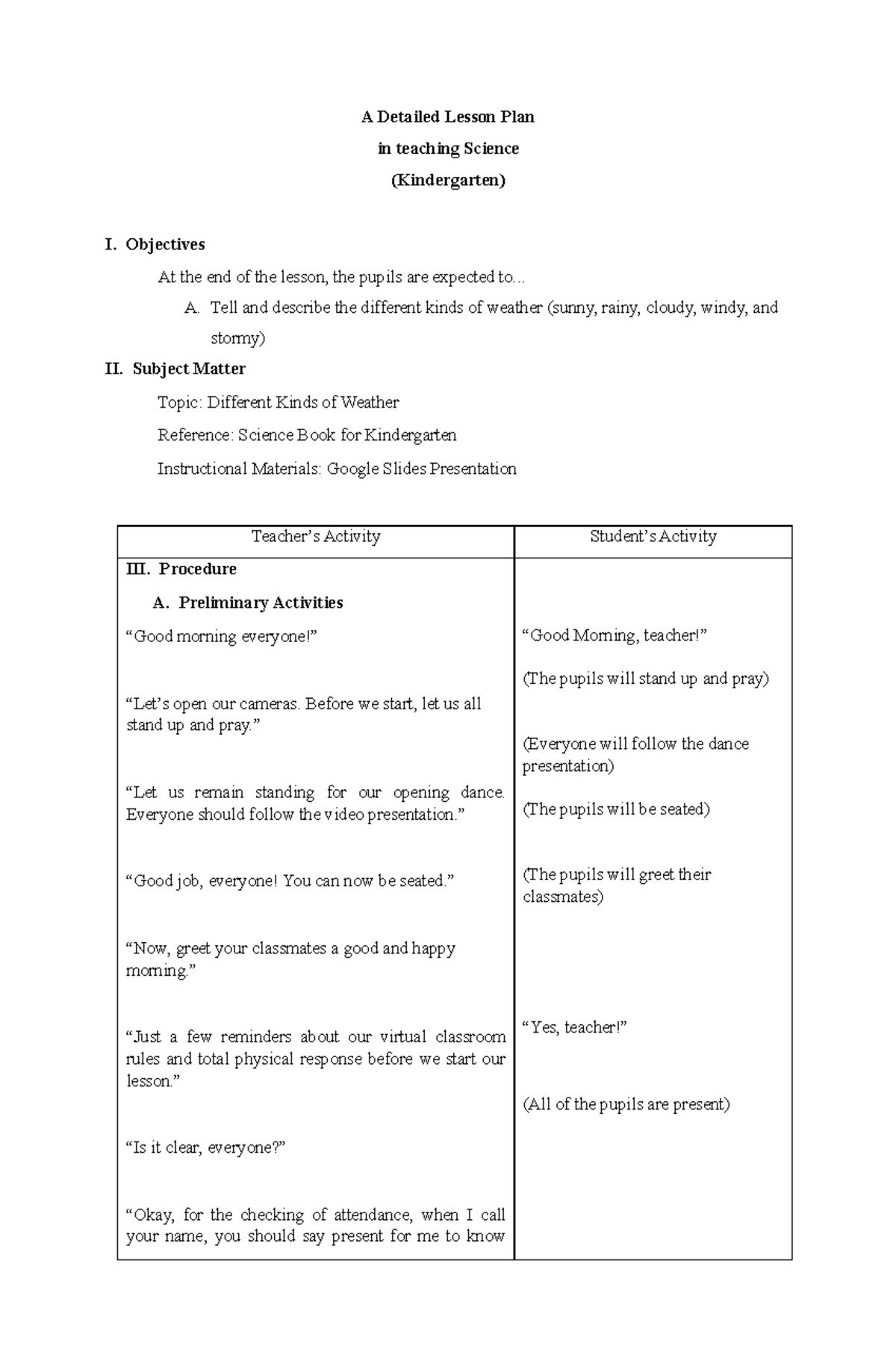 Detailed Lesson Plan Science - Kindergarten (Different Kinds of Weather ...