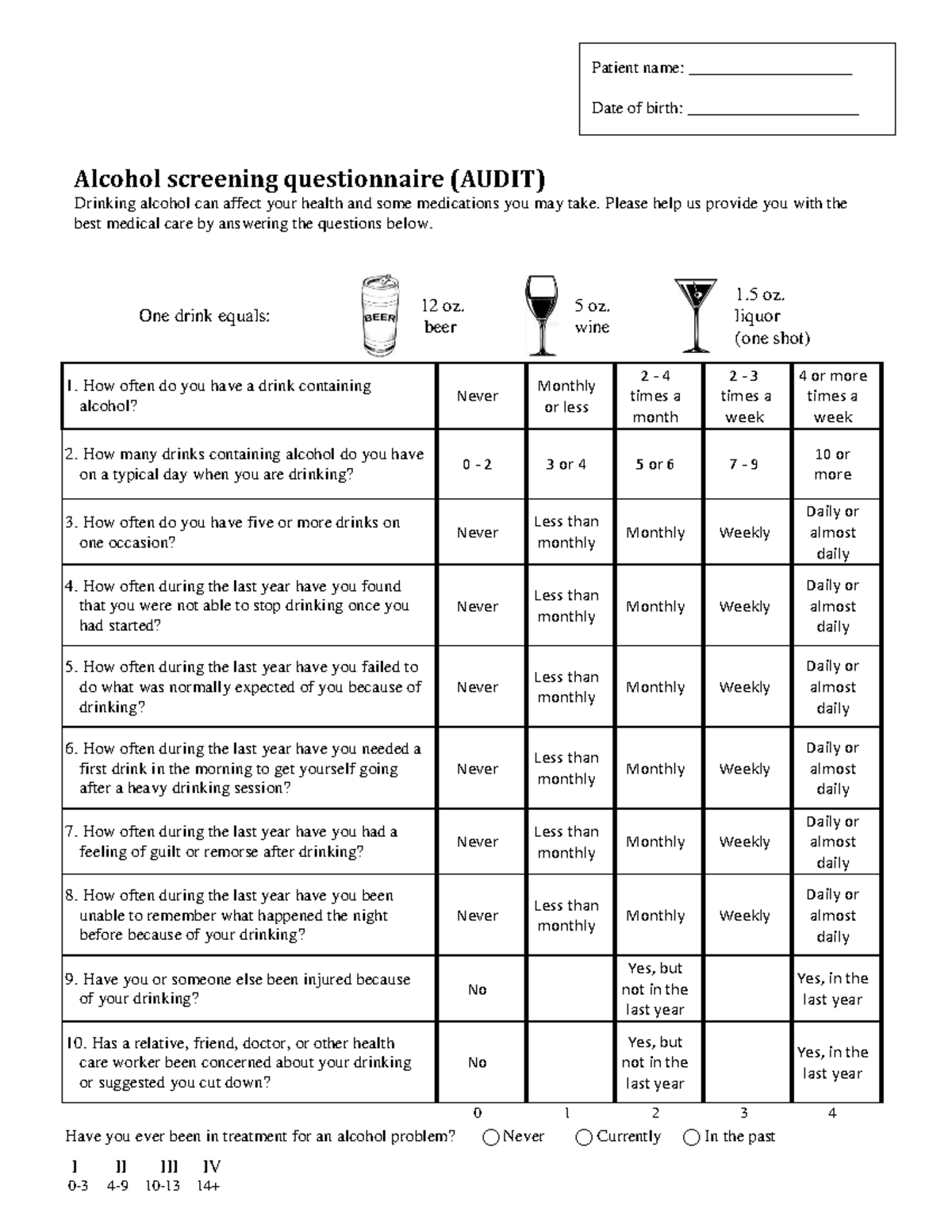 AUDIT Alcohol Screening Questionnaire for Health Assessment - Studocu