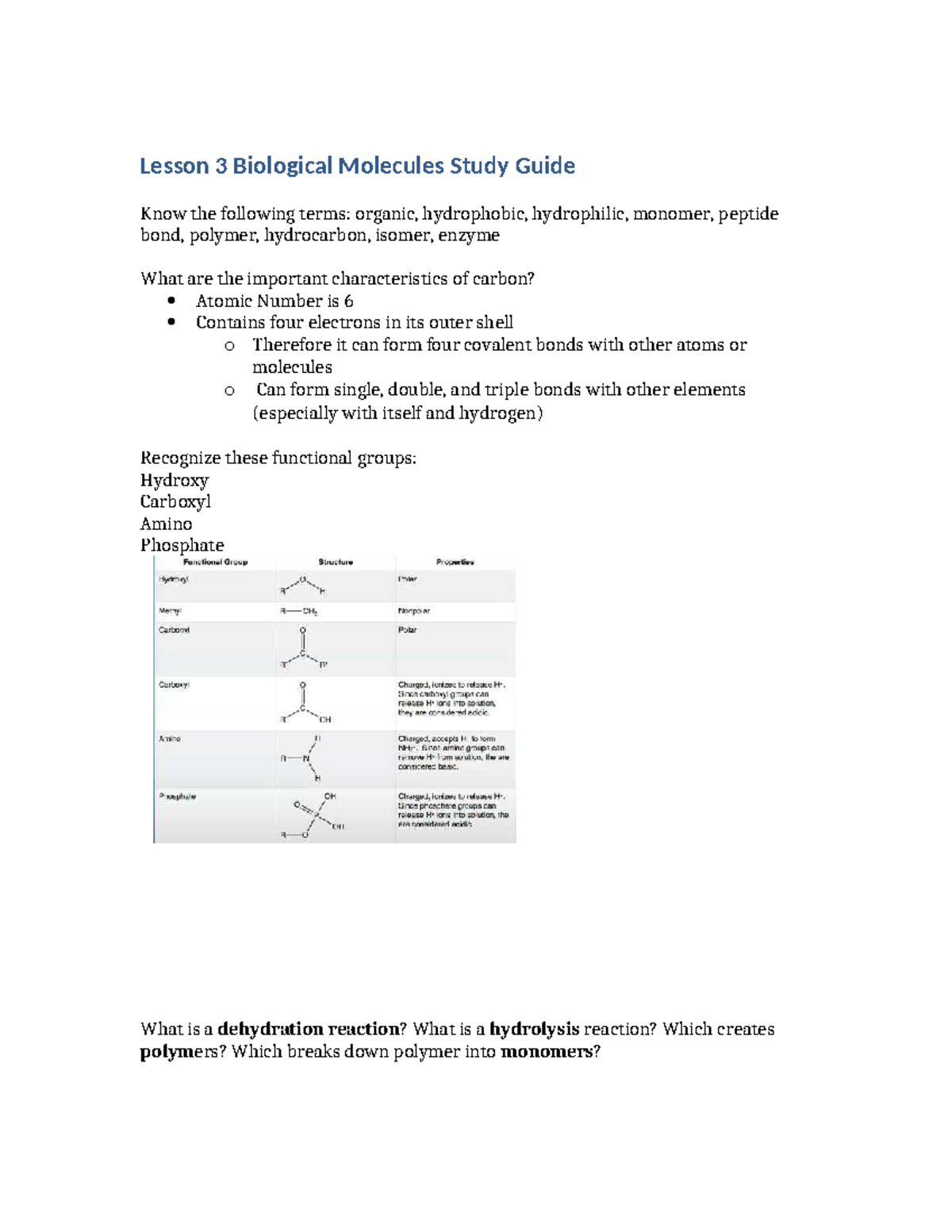 Biological Molecules Study Guide for Biology 101: Key Concepts - Studocu