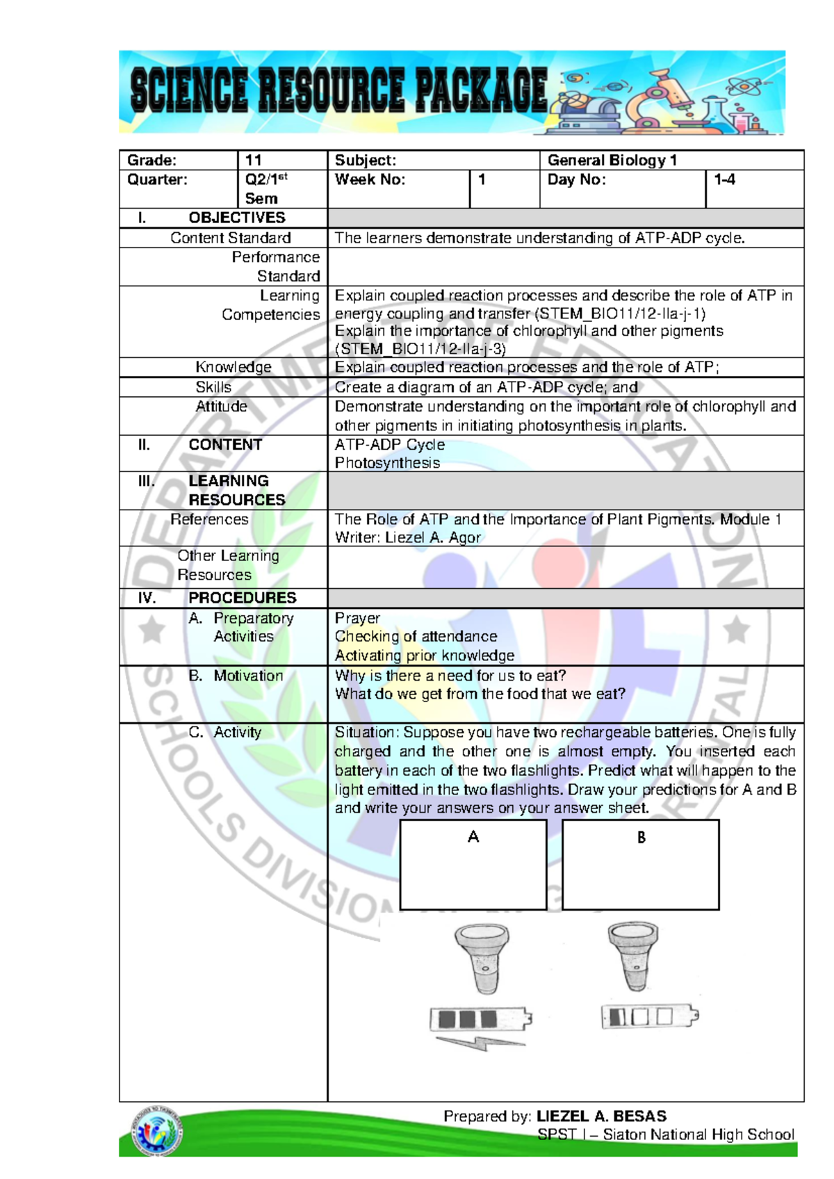 Gen Bio-Q2-DLP-Week 1 - LESSON PLAN - Prepared by: LIEZEL A. BESAS ...