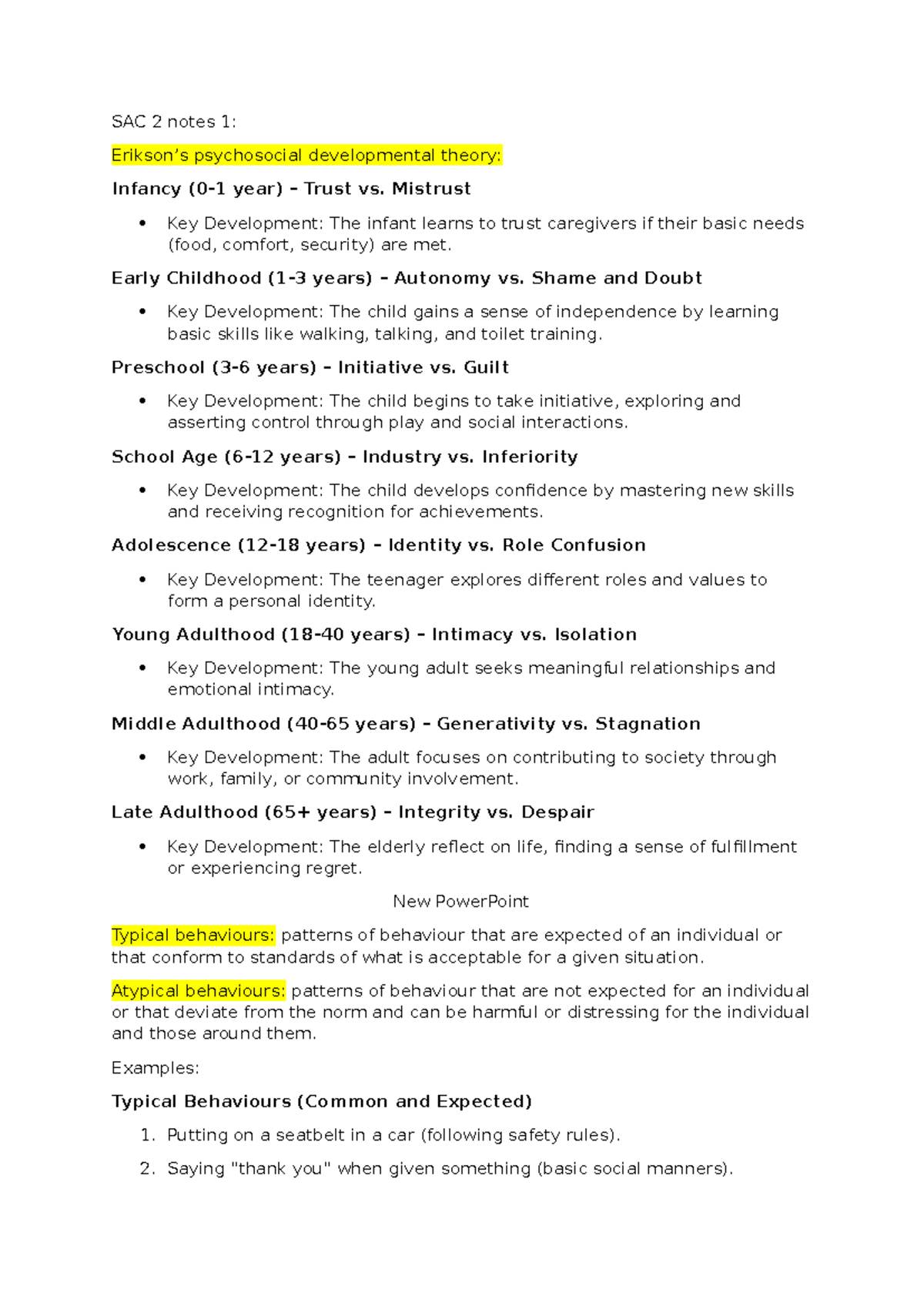 SAC 2 Notes 1: Psychosocial Developmental Theory Overview - Studocu