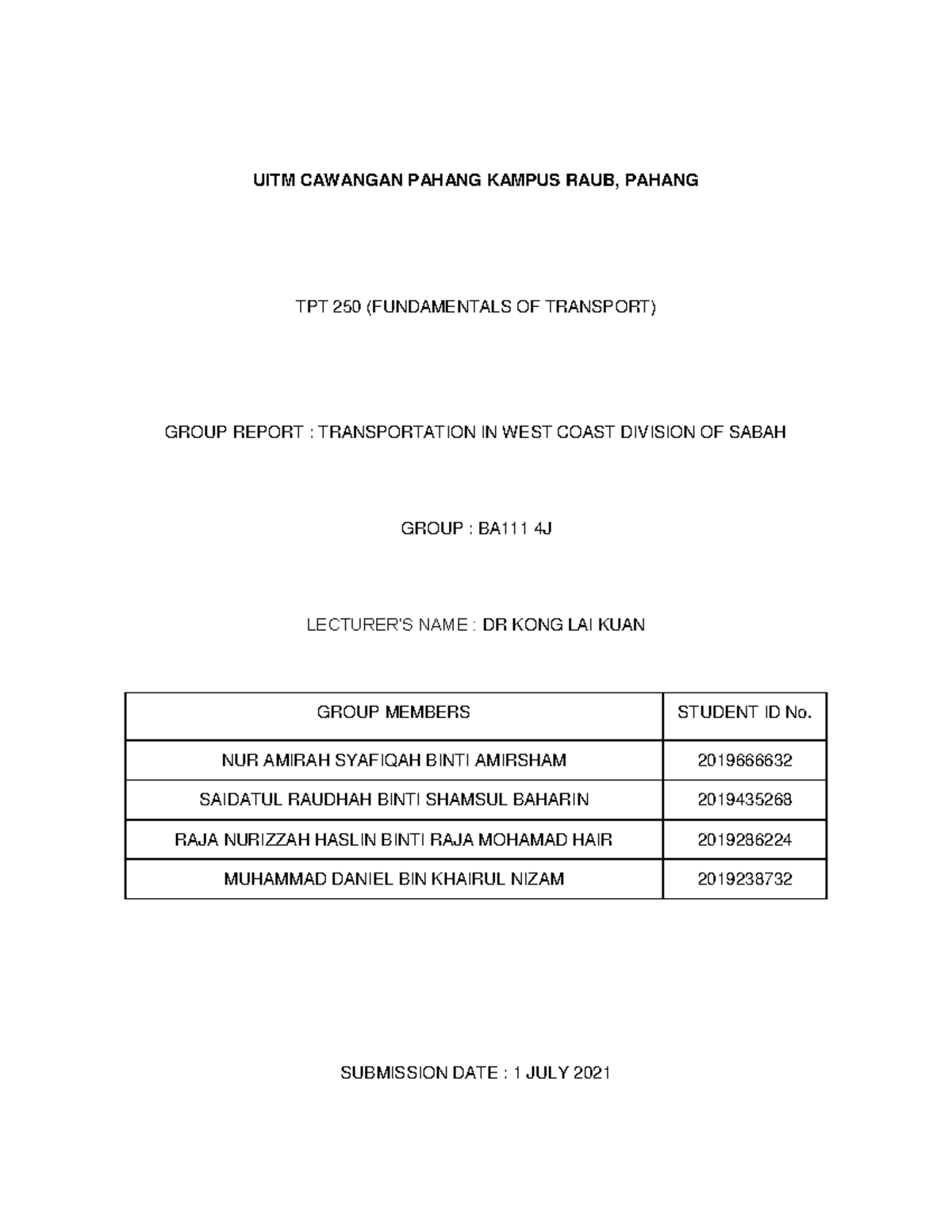 Transportation IN WEST Coast Division OF Sabah - UITM CAWANGAN PAHANG ...