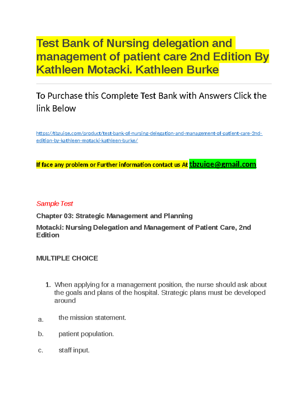 Test Bank for Nursing Delegation & Management of Patient Care (2nd Ed ...