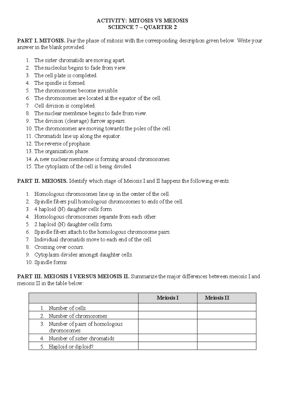 Activity Mitosis Meiosis - ACTIVITY: MITOSIS VS MEIOSIS SCIENCE 7 ...