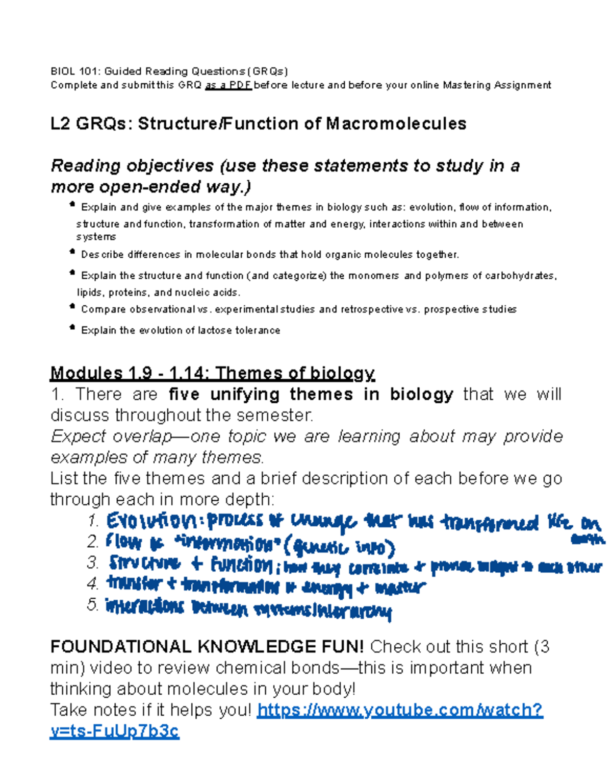 BIOL 101: Guided Reading Questions (GRQ) on Macromolecules - Studocu