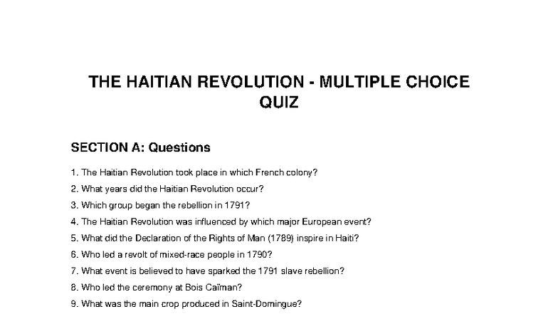 HIST 101: Haitian Revolution Multiple Choice Quiz - Studocu