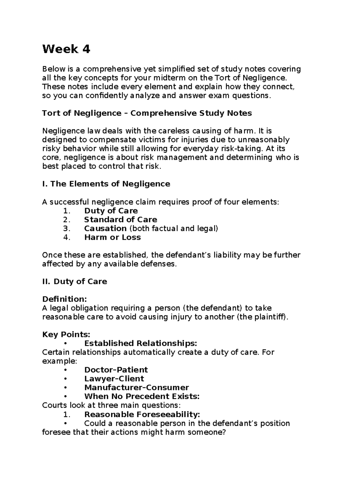 TORT 101: Week 4 Midterm Study Notes on Negligence Elements - Studocu