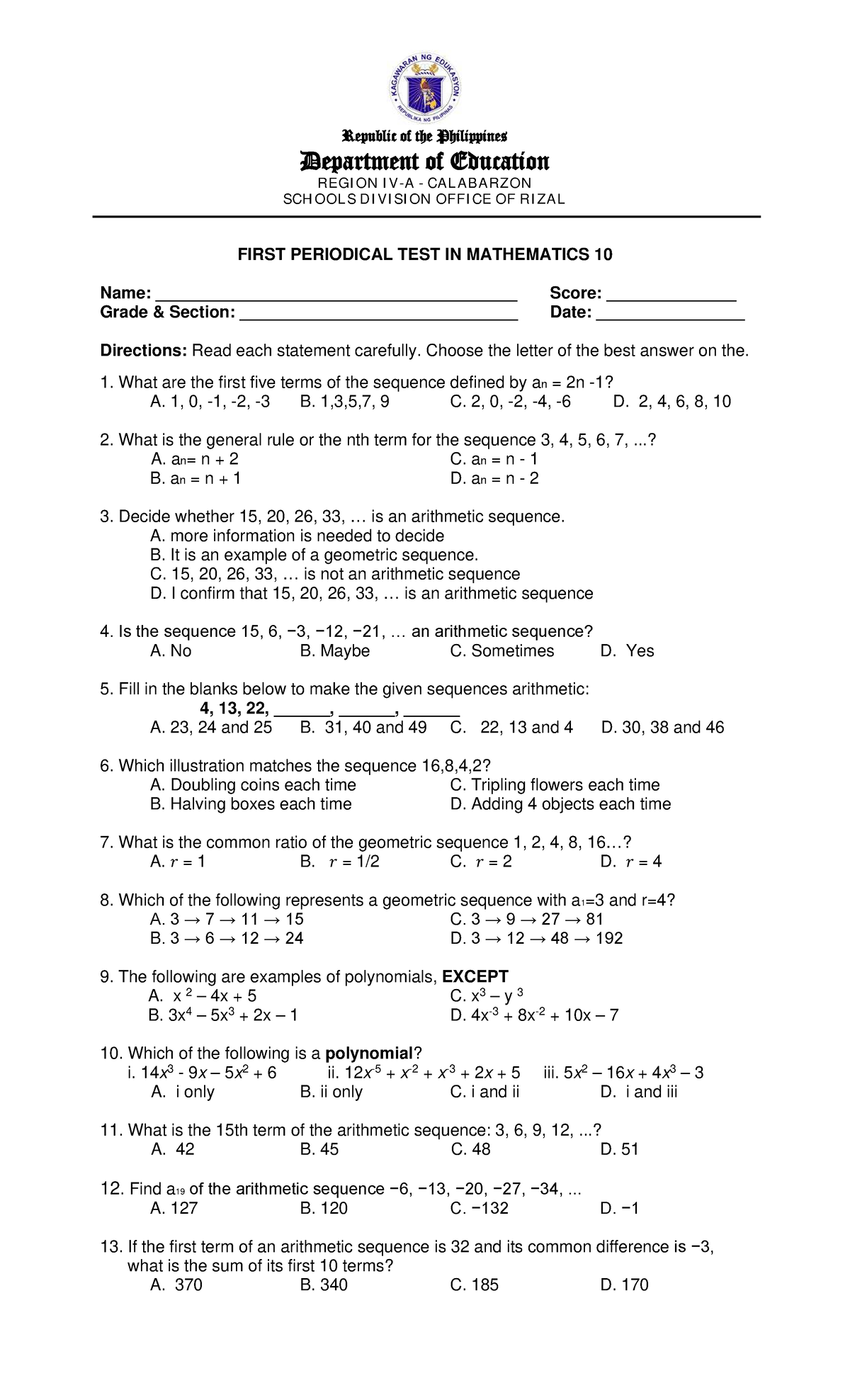 Grade 10 Mathematics 1st Quarter Periodical Test - Studocu