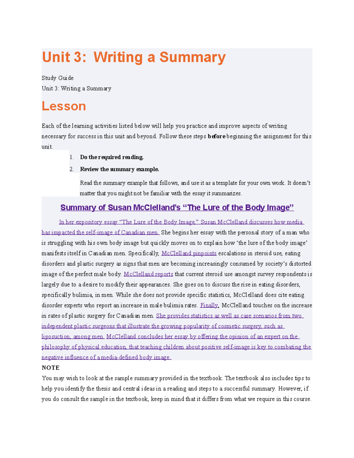 Unit 3 - Lesson Plan - Unit 3: Writing a Summary Study Guide Unit 3 ...
