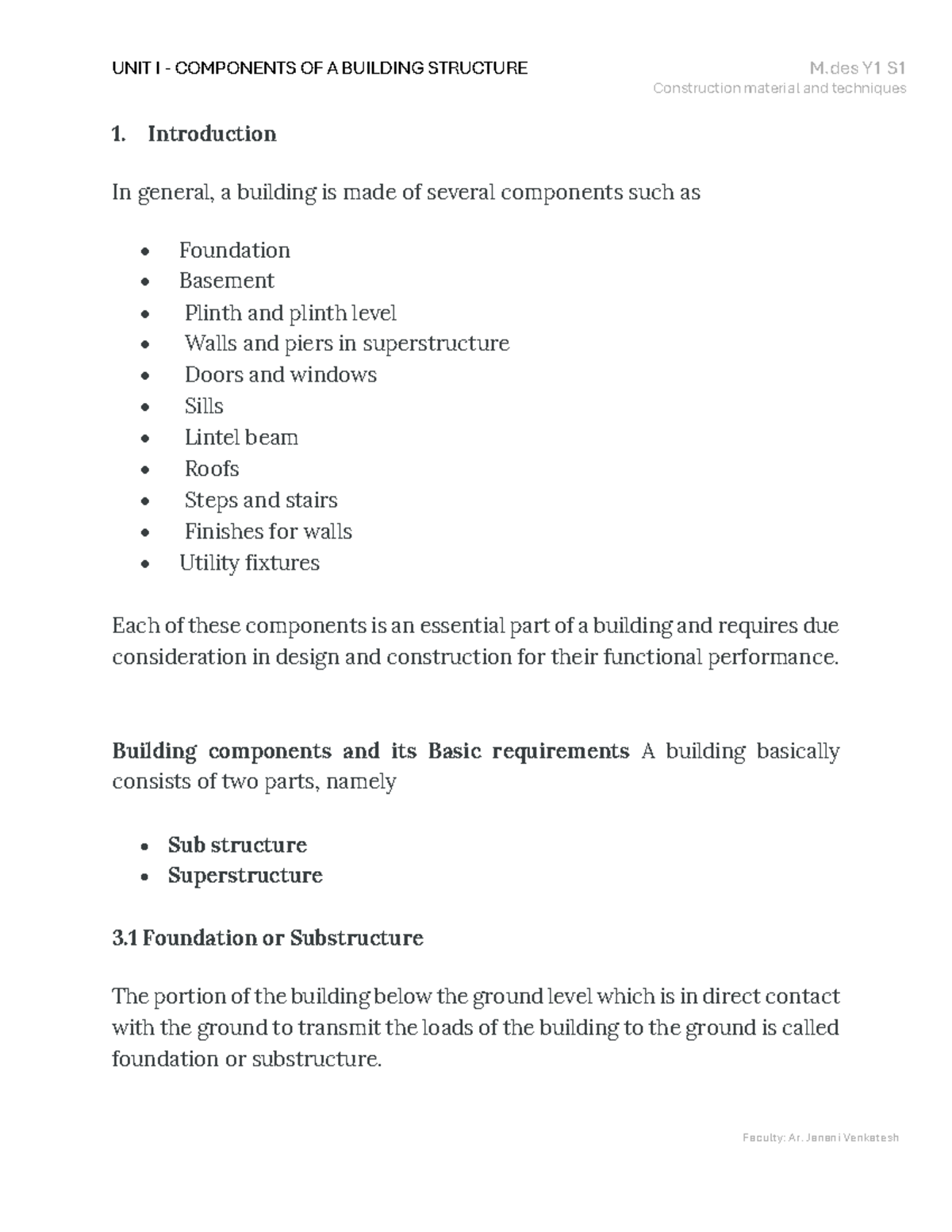Unit I: Components of a Building Structure - M.des Y1 S1 Construction ...