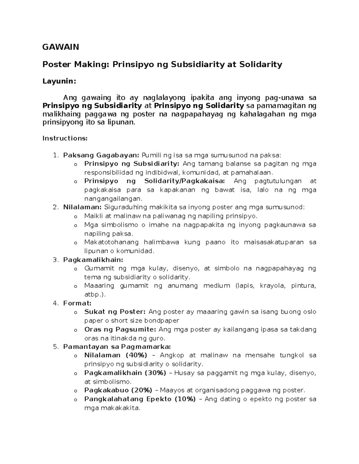 Poster Making: Prinsipyo ng Subsidiarity at Solidarity (GAWAIN) - Studocu