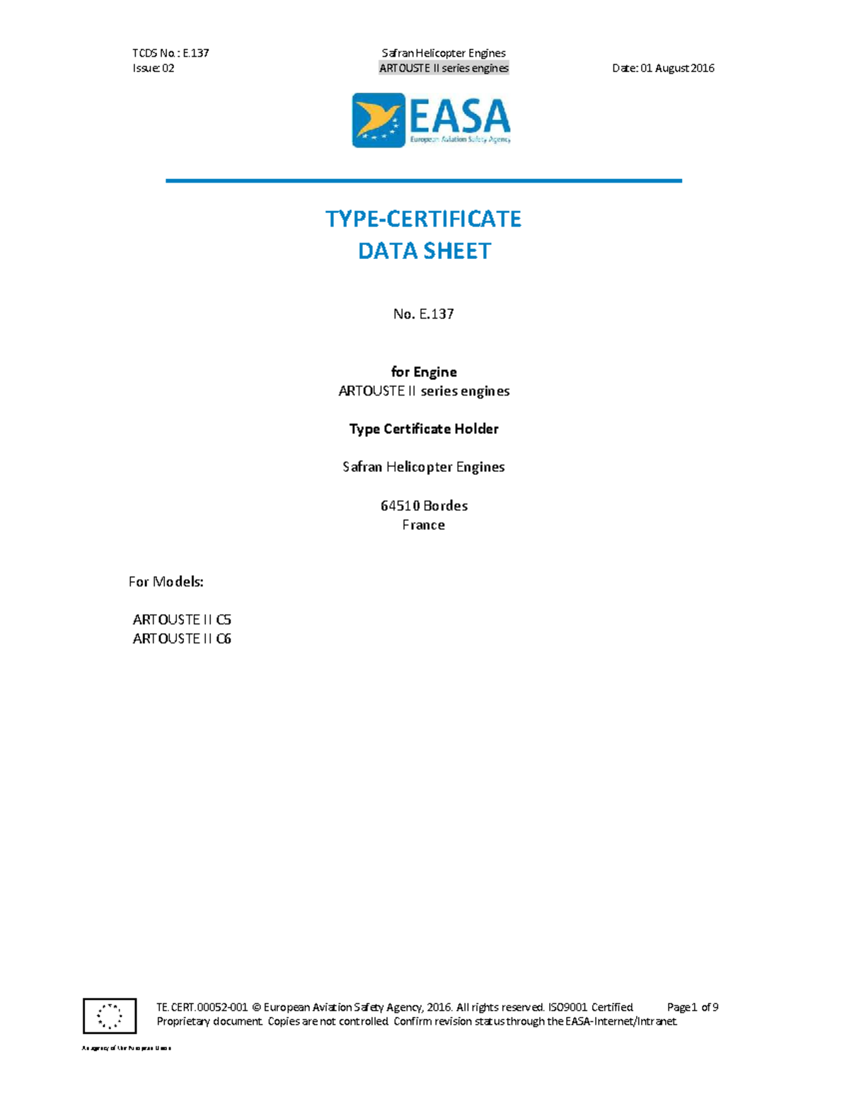 EASA TCDS E.137 Issue 02: ARTOUSTE II Engine Data Sheet 2016 - Studocu