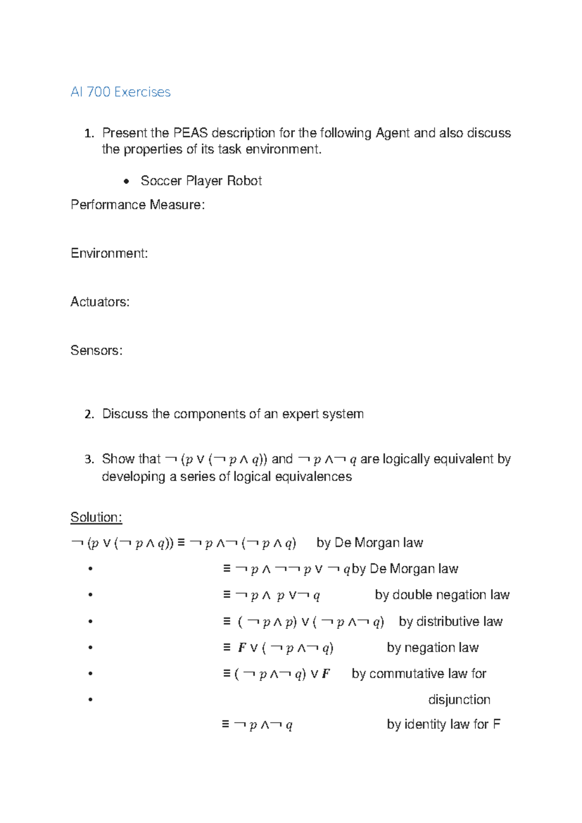AI 700 Exercises Lesson 1-7 Solutions: Task Environments & Algorithms - Studocu