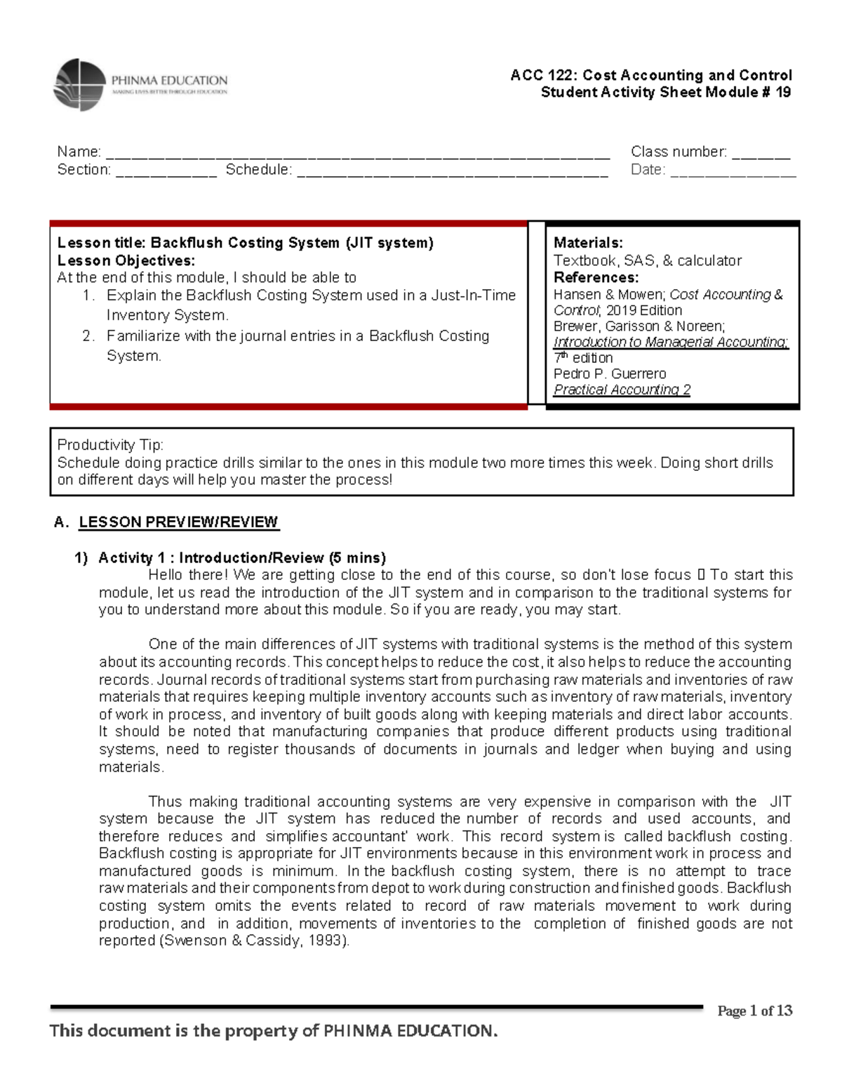 ACC 122: Cost Accounting & Control - Backflush Costing System Notes ...