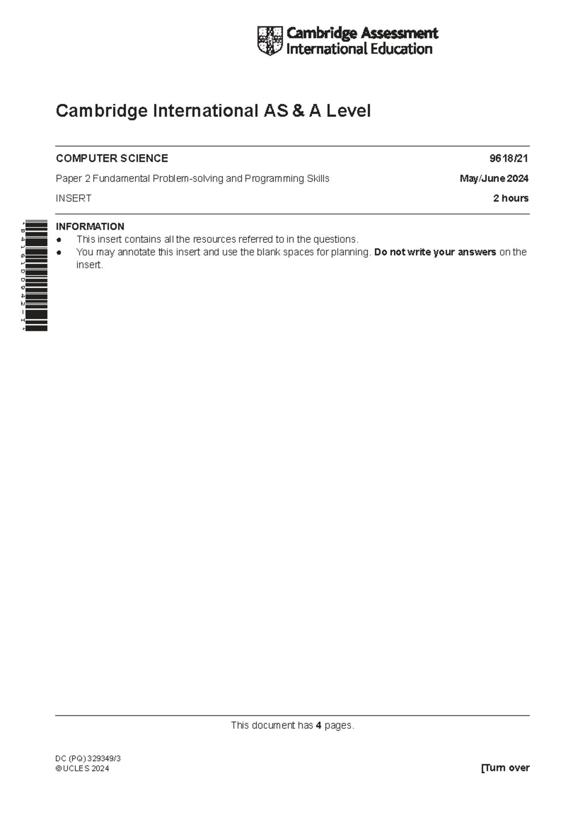 Cambridge International AS A Level CS 9618 Paper 2 Programming Skills ...
