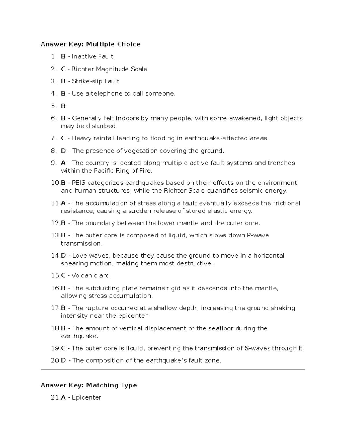 Answer Key: Summative Test on Earthquakes - Studocu