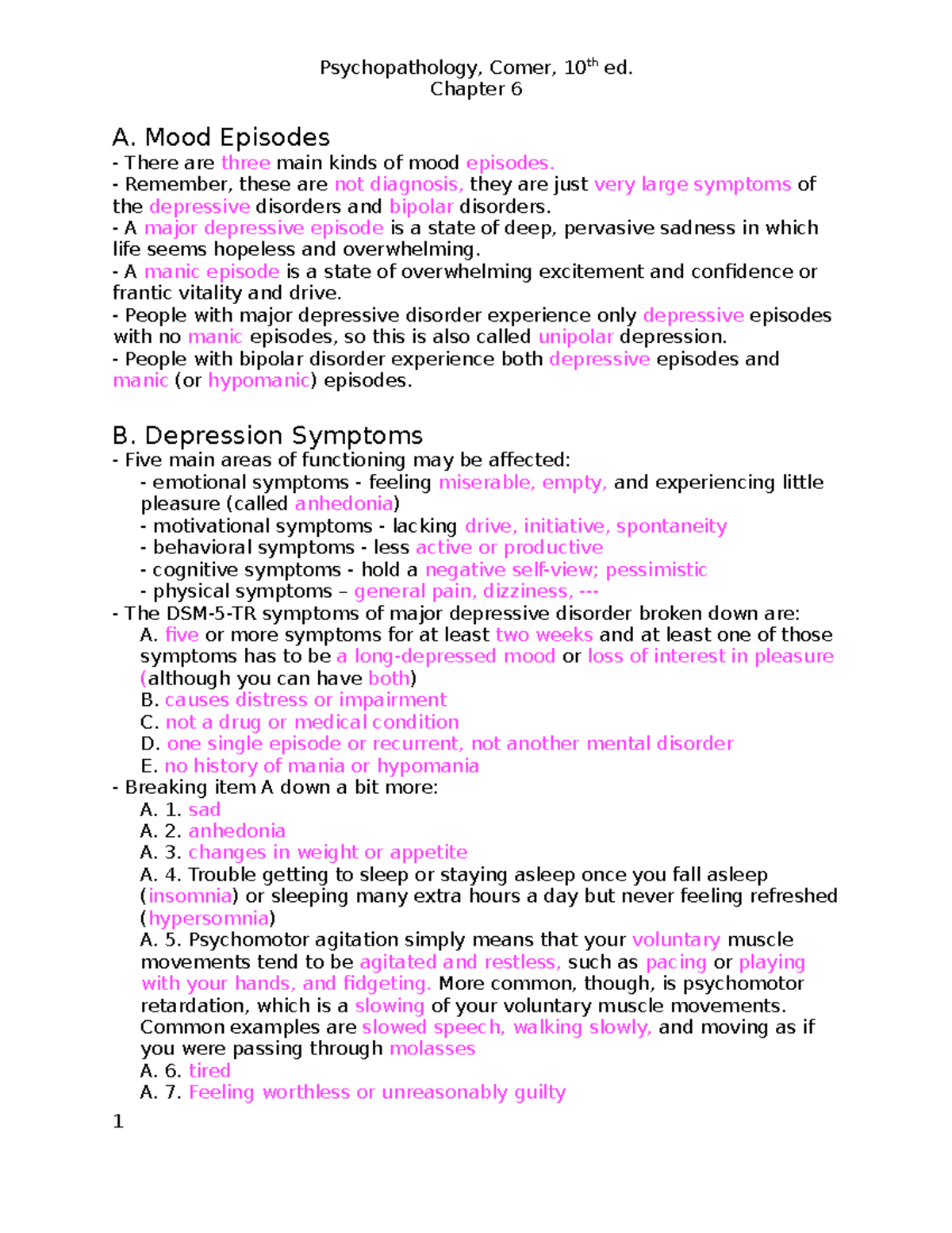 Psychopathology: Mood Episodes & Disorders Overview (Comer, 10th Ed ...