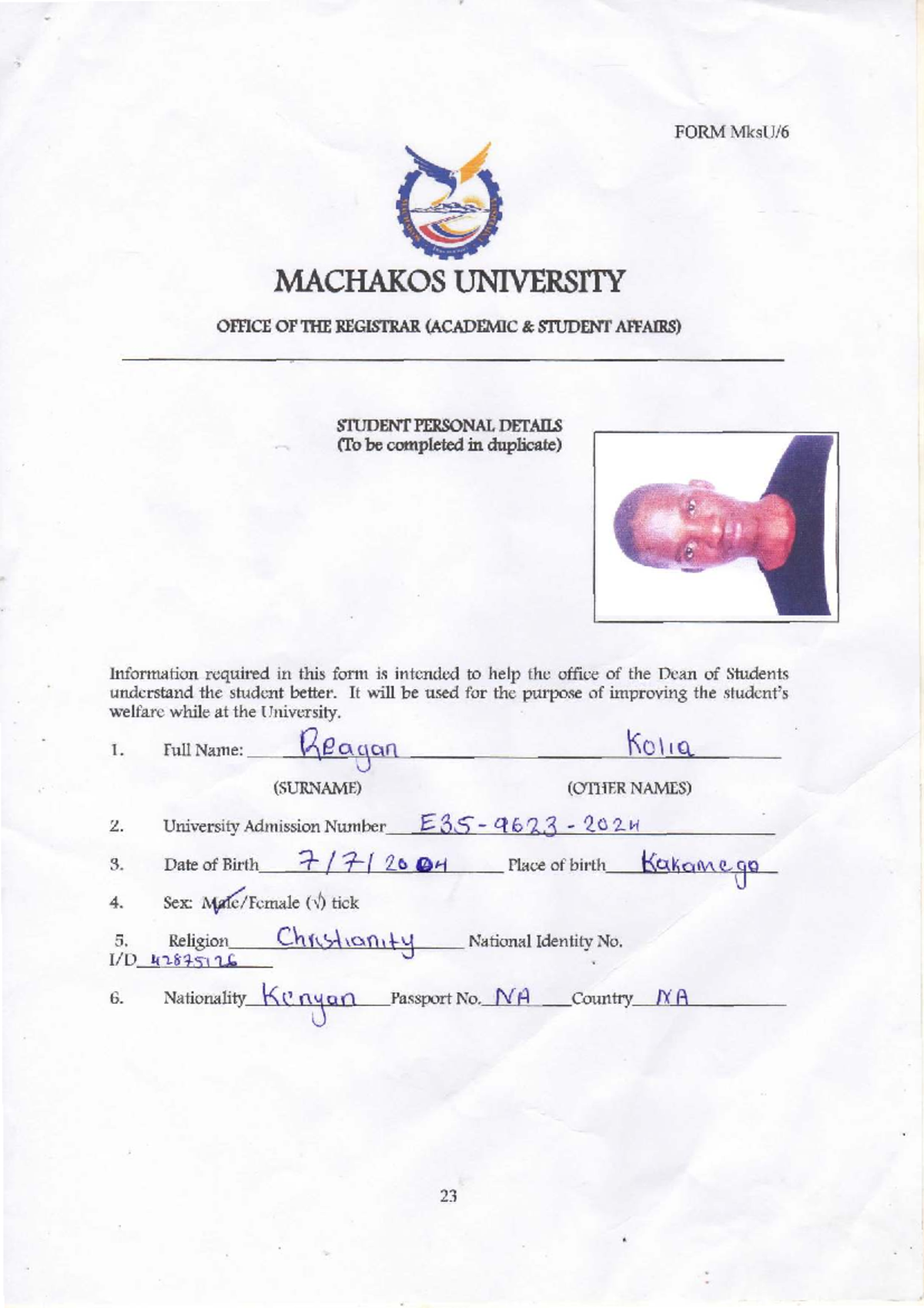 MKSU6004 - Student Personal Details Form for Registration - Studocu