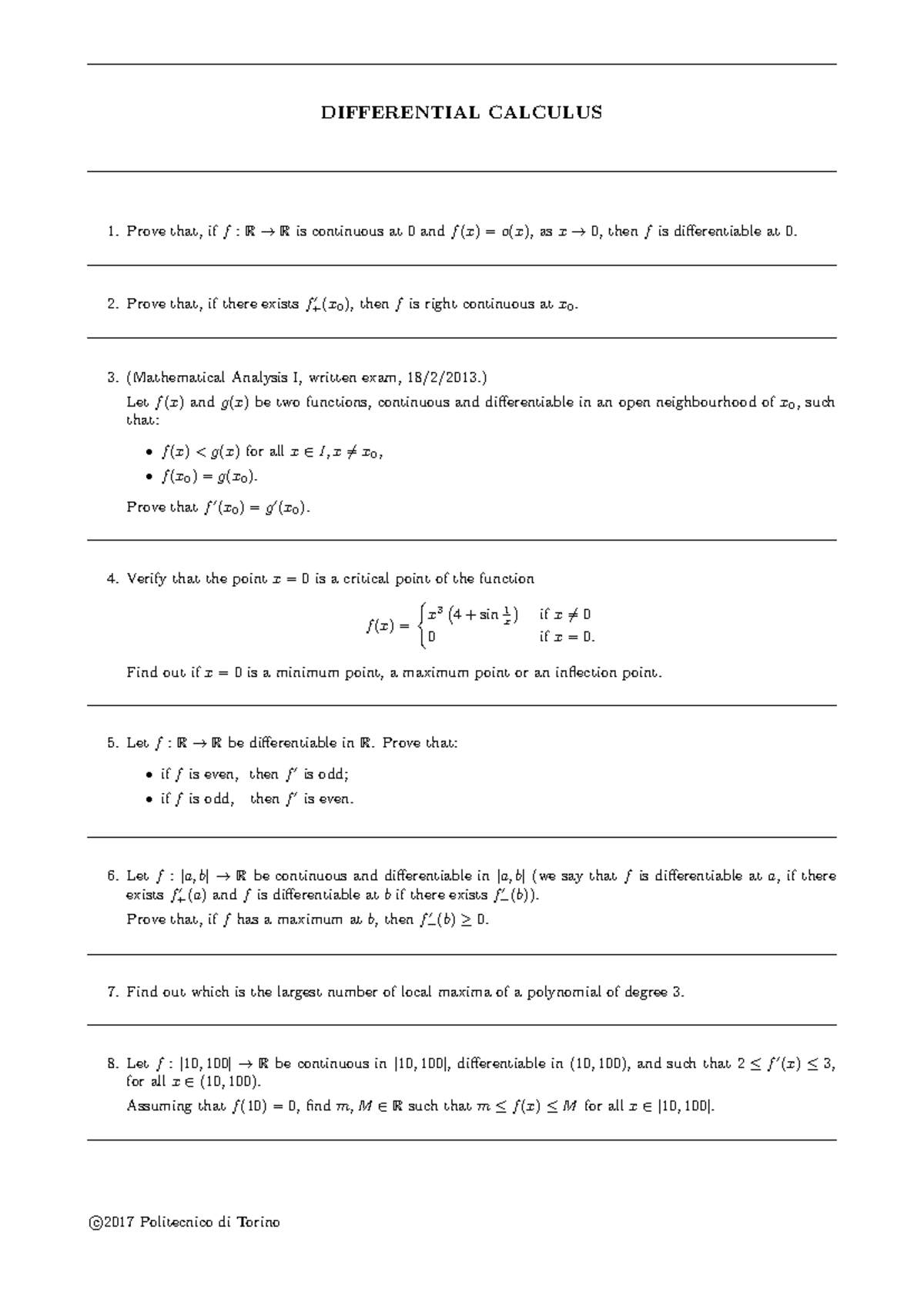 Differential calculus - DIFFERENTIAL CALCULUS Prove that, if f : R → R ...