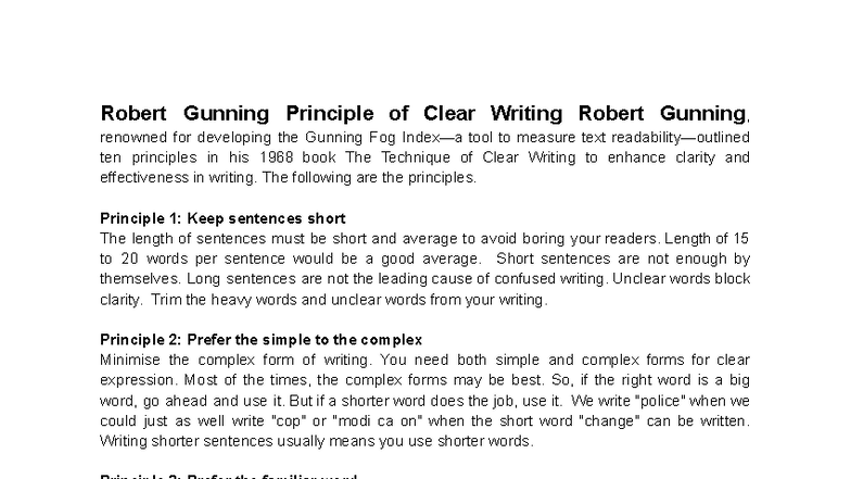 Principles of Clear Writing: Insights from Robert Gunning - Studocu