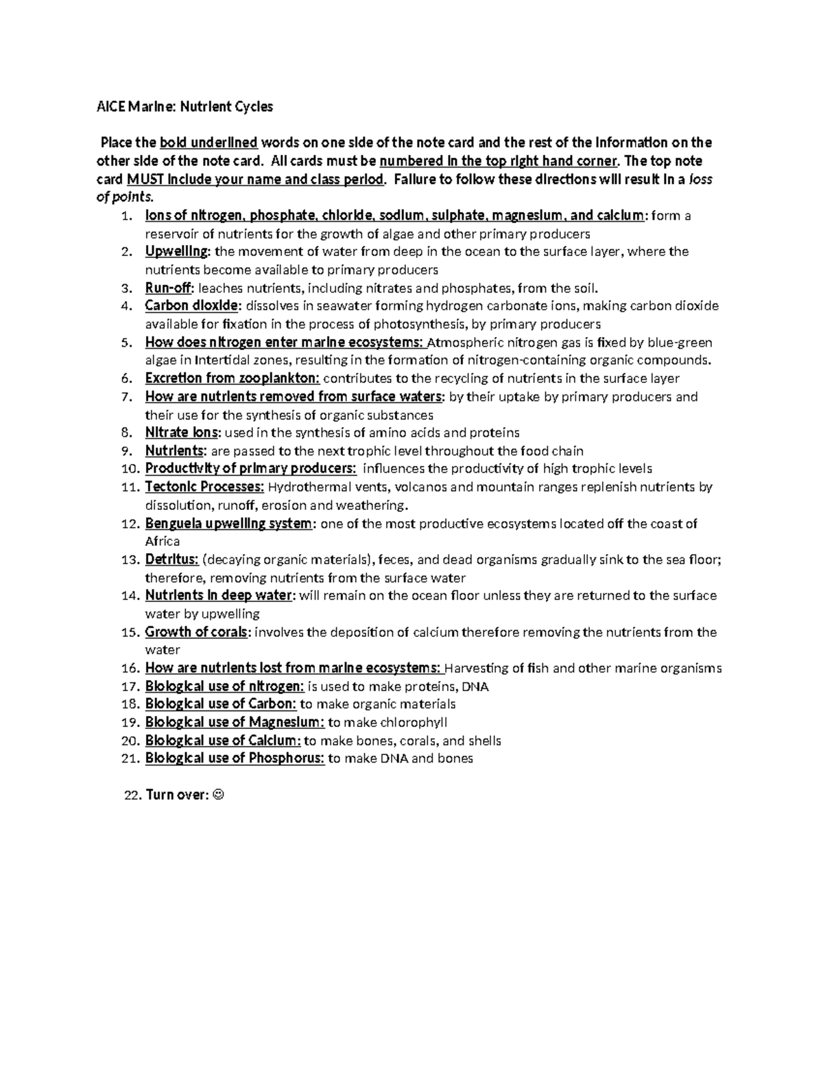 AICE Marine: Nutrient cycle notecards for study and review - Studocu