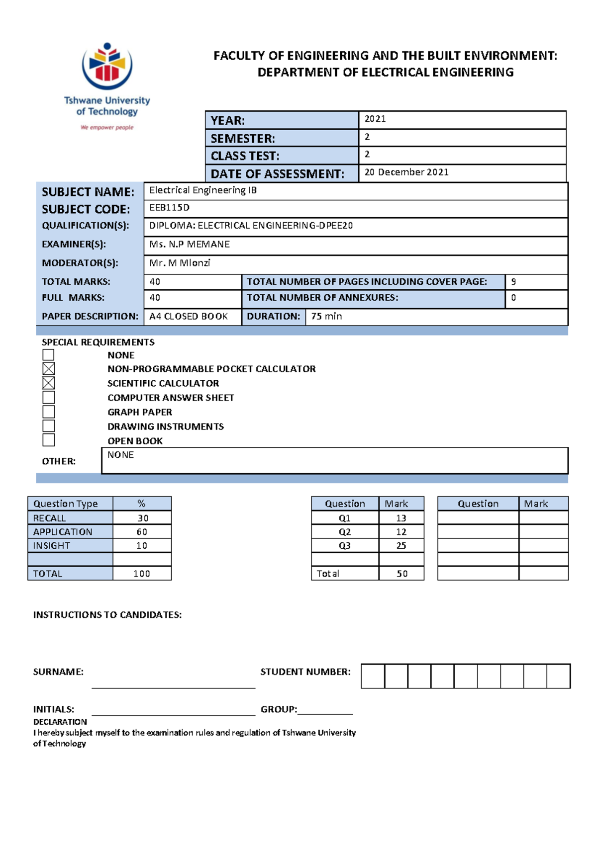 EEB115D Electrical Engineering IB Class Test 2 Memo - Dec 2021 - Studocu