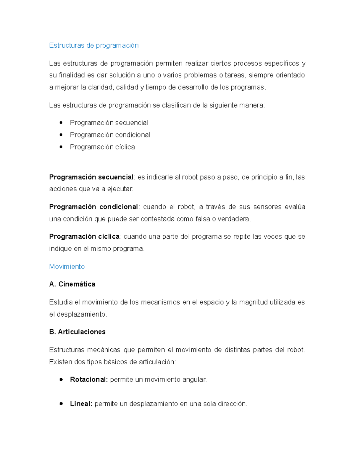 Resumen de Estructuras de Programación en Robótica - Etapa 2 - Studocu
